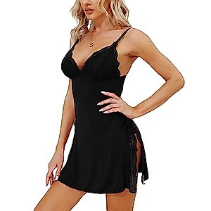 Queenfox Lingerie for Women Sexy Nightgowns Lace Modal Babydoll Chemise V-Neck Side Slit Sleepwear Soft Sleep Dress Black L