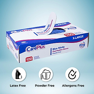 Care Plus Medical Nitrile Examination Gloves Blue Disposable Medium 100 Count