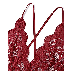 Women One Piece Lingerie Sexy Teddy V Neck Bodysuit Lace Nightie (Wine Red, X-Large)