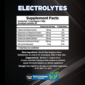 Pro Series Hydration Electrolytes. Calcium, Magnesium Citrate, Magnesium Gluconate, Sodium, Zinc. Blue Raspberry Flavor 300gr