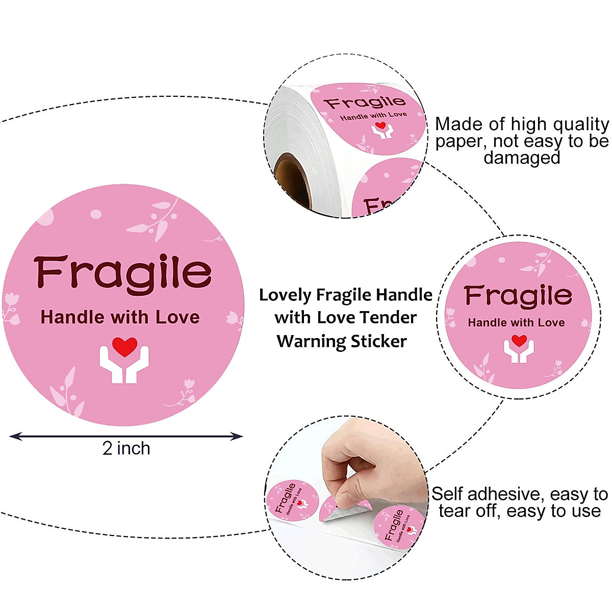Pink Fragile Handle with Love Tender Warning Sticker 2 inch Valentine's Day Thank You Shipping Labels for Christmas Luggage Gift Bag Small Business Mailing Packages 500 pcs Heavy-Duty Handle with Care