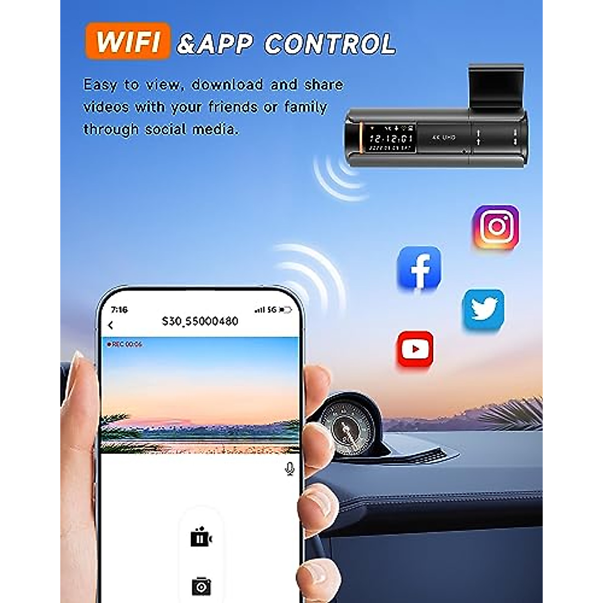 Dash Cam 4K WiFi Front Dash Camera for Cars, E-YEEGER Car Camera 2160P Wireless Mini Dashcams with App, Driving Recorder with 24H Parking Mode, Night Vision, G-Sensor, Free 32G Card, Support 256G Max