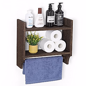 OYEAL Bathroom Shelf Wall Mounted Farmhouse Towel Rack with Towel Bar 2 Tier Bathroom Organizer for Kitchen Bathroom Living Room, Rustic Brown