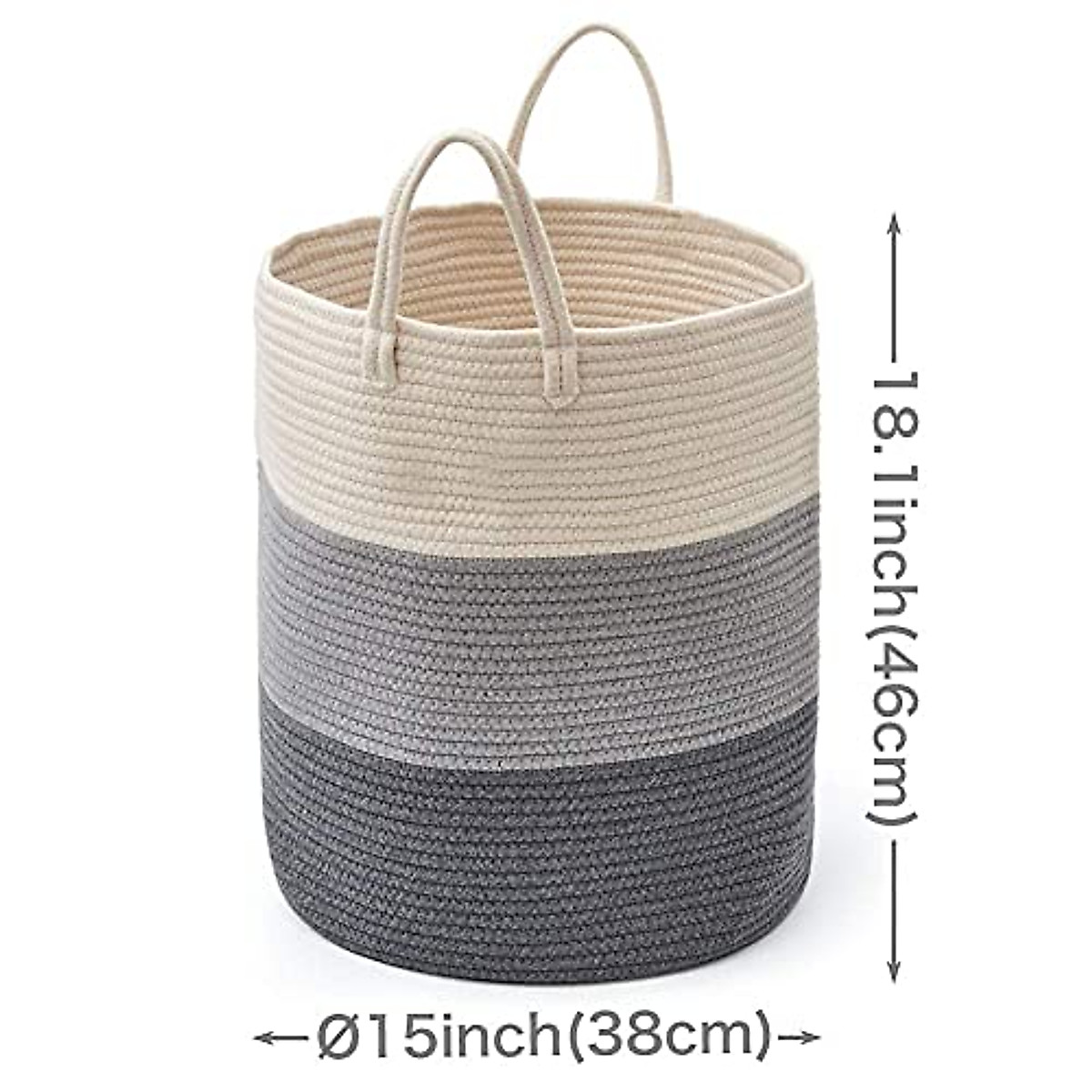 EZOWare Large Cotton Rope Storage Basket, Soft Woven Laundry Hamper with Handles for Bathroom Nursery Closet - Gradient Gray, 15 x 18 inch