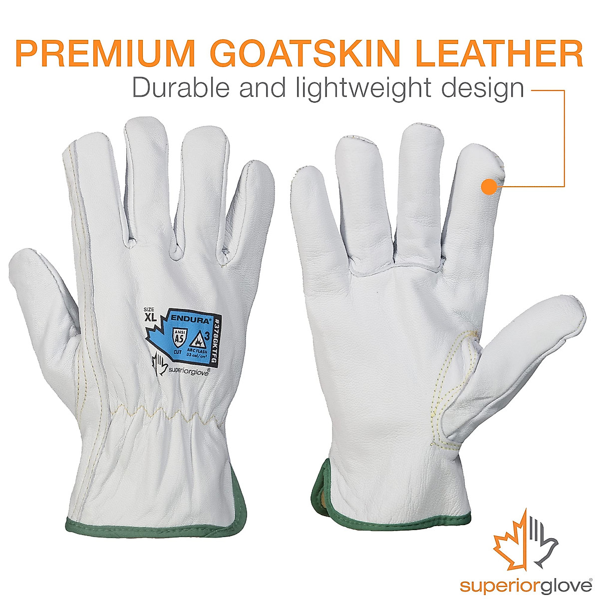 Superior Glove Endura Goatskin Leather Work Gloves with ParaActiv Cut Resistant Protection - Arc Flash Safety Work Gloves 378GKTFG (1 Pair) Large