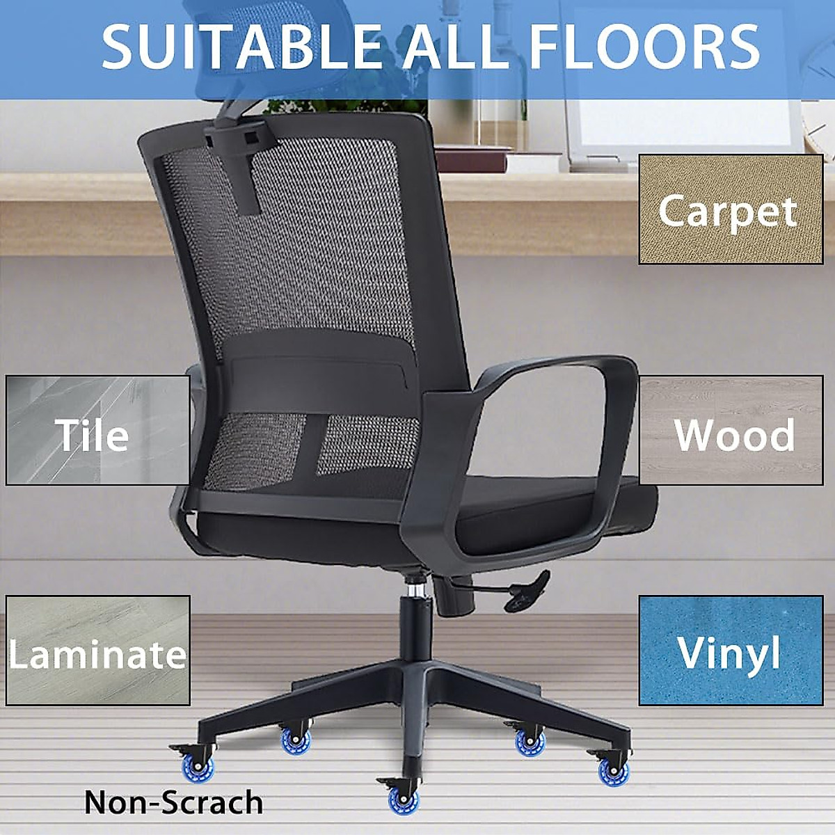 ANPTGHT Office Chair Wheels with Brake, Wheels Smooth Rolling Heavy Duty Casters Safe for Hardwood Floors & Carpet, Replacement Rubber Chair Casters Smooth & Quiet Universal Stem 7/16" Blue Set of 5