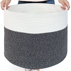Rope Storage Basket with Handles Large, Cotton Woven Blanket Basket Nursery Hamper Bin, 16" x 16" x 14" Organizer for Toys, Laundry, Books and Baby Blankets
