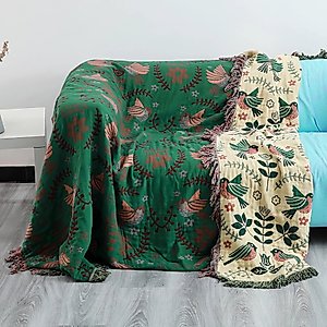 Skrmisda Bohemian Throw Blankets, Boho Birds 60 * 80 Inch Cotton Blanket for Bed Couch Camping Picnic Full Size Tassel Reversible Breathable Soft & Cozy Blankets (Green+Beige)