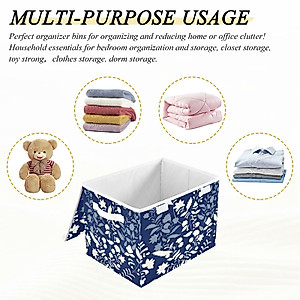 Flradish Blue and White Flowers Collapsible Storage Box with Lid Closet Organizer with Handle Washable Stackable