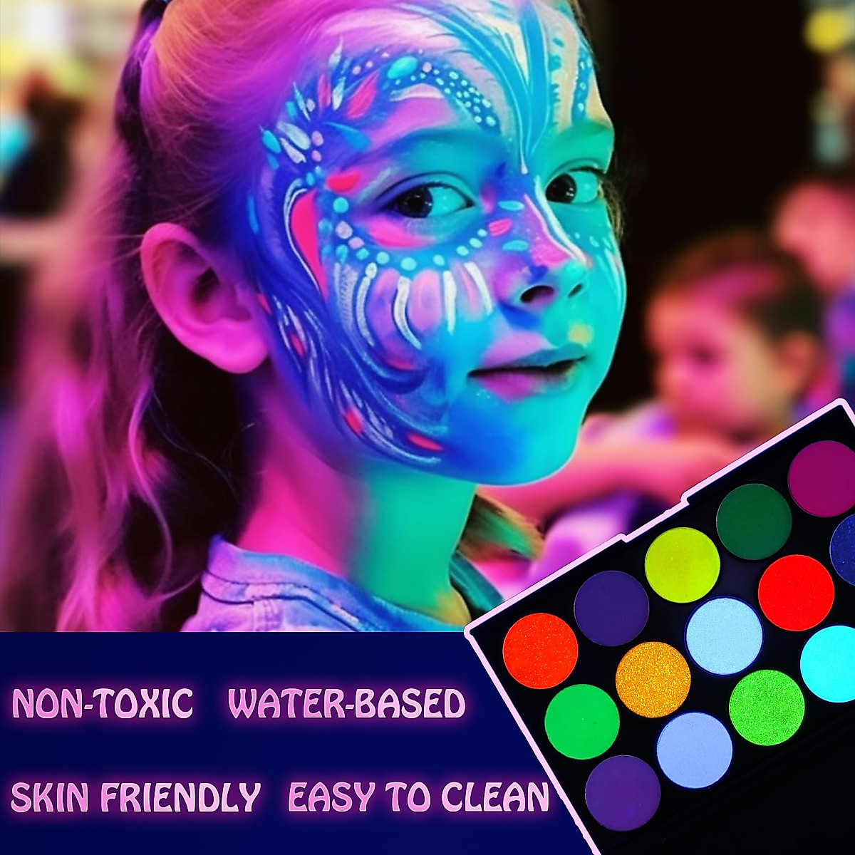BADCOLOR Glow UV Face Paint, 15 Colors Neon Eyeshadow Palette, Water-Based UV Blacklight Face Body Paint for Kids - UV Eyeliner Makeup Palette for Halloween Glow Party Club Music Festivals