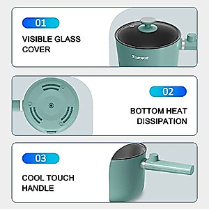 Topwit Electric Hot Pot, 1.5L Ramen Cooker, Portable Non-Stick Frying Pan, Electric Pot for Pasta, Steak, BPA Free, Electric Cooker with Dual Power Control, Over-Heating & Boil Dry Protection, Green