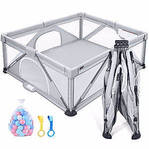 ANGELBLISS Baby Playpen, Foldable Playpen for Babies and Toddlers, Indoor & Outdoor Baby Activity Center with Visible Breathable Mesh, Portable Play Yard with 2 Handlers+50 Balls-59”×71”（Grey）