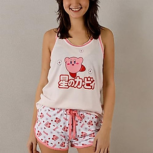 Bioworld Kirby Daisies & Kanji Logo Women's Racer Back Tank Top & Dolphin Lounge Shorts Sleepwear Set-XL Pink