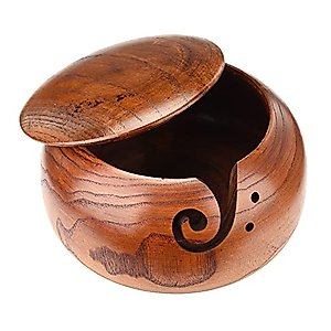 BTPOUY Wooden Yarn Bowl with Lid Round Knitting Yarn Bowls with Holes Handmade Yarn Storage Bowl Yarn Holder for Crocheting and Knitting, 5.7x3.4 Inch