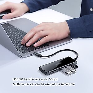 Port Expander USB-C Hub 6 in 1 Multiport USB-C Docking Station with 4K HDMI, 3 USB 3.0 Ports, SD/TF Card Reader, USB Splitter Adapter USB Splitter