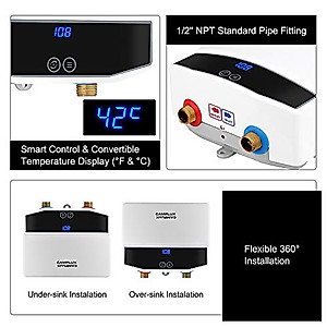 CAMPLUX Tankless Water Heater Electric with LED Display 120V Instant Water Heaters Under Sink 3.5kw TE04