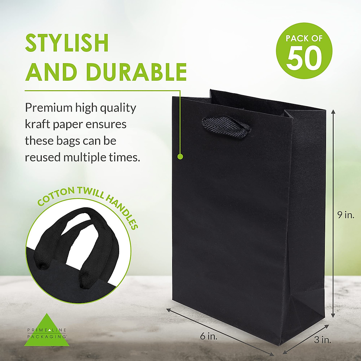 Prime Line Packaging 6x3x9 50 Pack Mini Black Gift Bags with Handles Small, Party Gift Bags, Kraft Paper Gift Bags Bulk for Small Business, Boutique