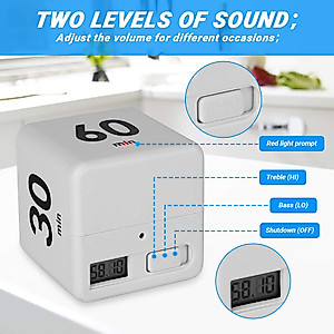 welltop Cube Timer, 2 Pack Kitchen Timer with 4 LED Light Alarm Kids Child Exercise Workout Gravity Sensor Flip Timer for Time Management and Countdown Settings (White - 1 3 5 10 and 15 20 30 60 min)