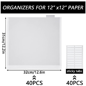 12 x 12 Scrapbook Paper Storage Organizer Clear Top Loading Files Plastic Paper Holder with Customizable Tabs for Holding Paper Photos Vinyl Paper Scrapbook Paper (40 Set)