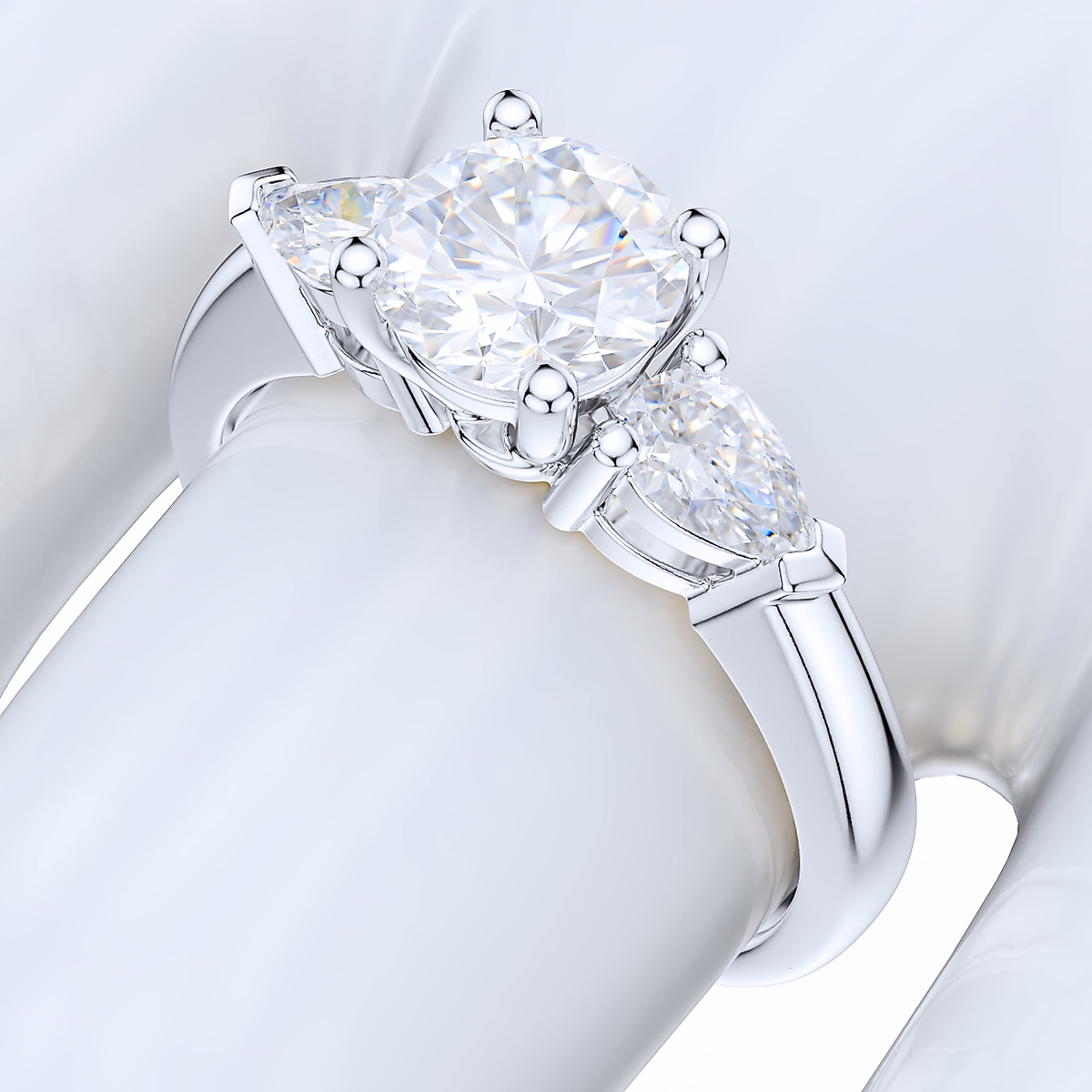 PRSTANI Sterling Silver Three Stone 1CT Simulated Round Brilliant Cut And Pearl Shape Diamond Promise Engagement Ring (7.5)