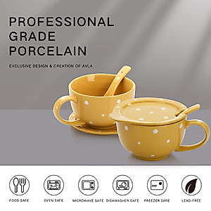 Youeon Set of 2 Jumbo Coffee and Soup Mug Set, 16 Oz Porcelain Oatmeal Mug with Lid and Spoon, Large Cereal Mugs, Multi Purpose Wide Mug for Breakfast, Cereal, Milk, Coffee, Hot Cocoa, Fruit