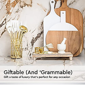 White Silicone and Gold Cooking Utensils Set with Holder- 7 PC Gold Kitchen Utensils Set Includes Gold Whisk, Gold Spatula, White Kitchen Utensils and Gold Utensil Holder- Gold Kitchen Accessories