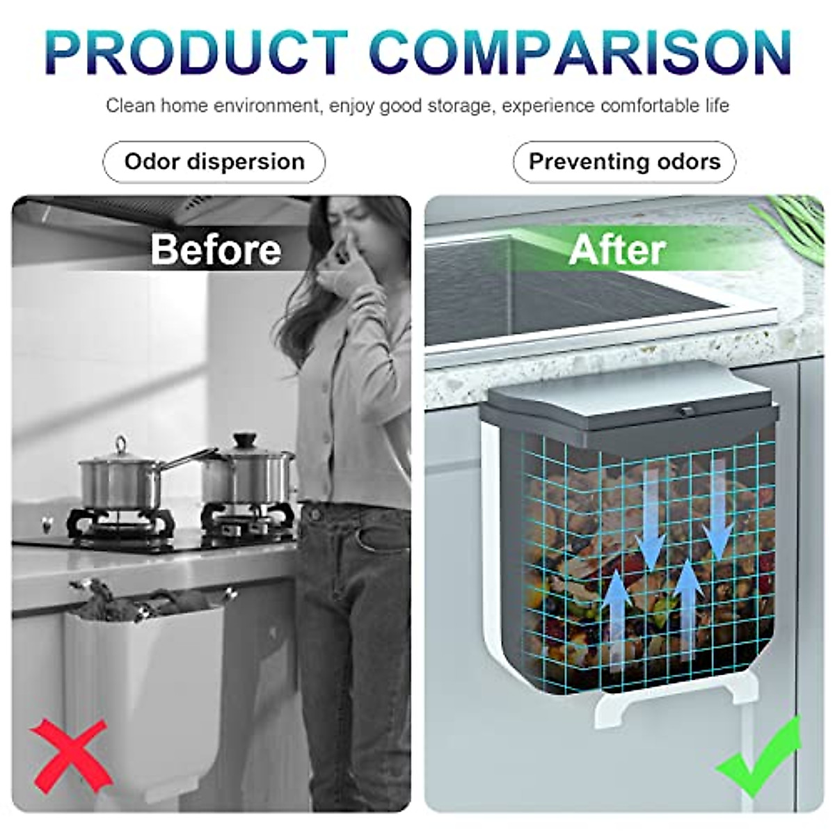 Gintan Kitchen Compost Bin, Collapsible Hanging Countertop Trash Can with Lid, 2.4 Gallon for Cabinet/Bathroom/RV/Bedroom/Camping (Gray)