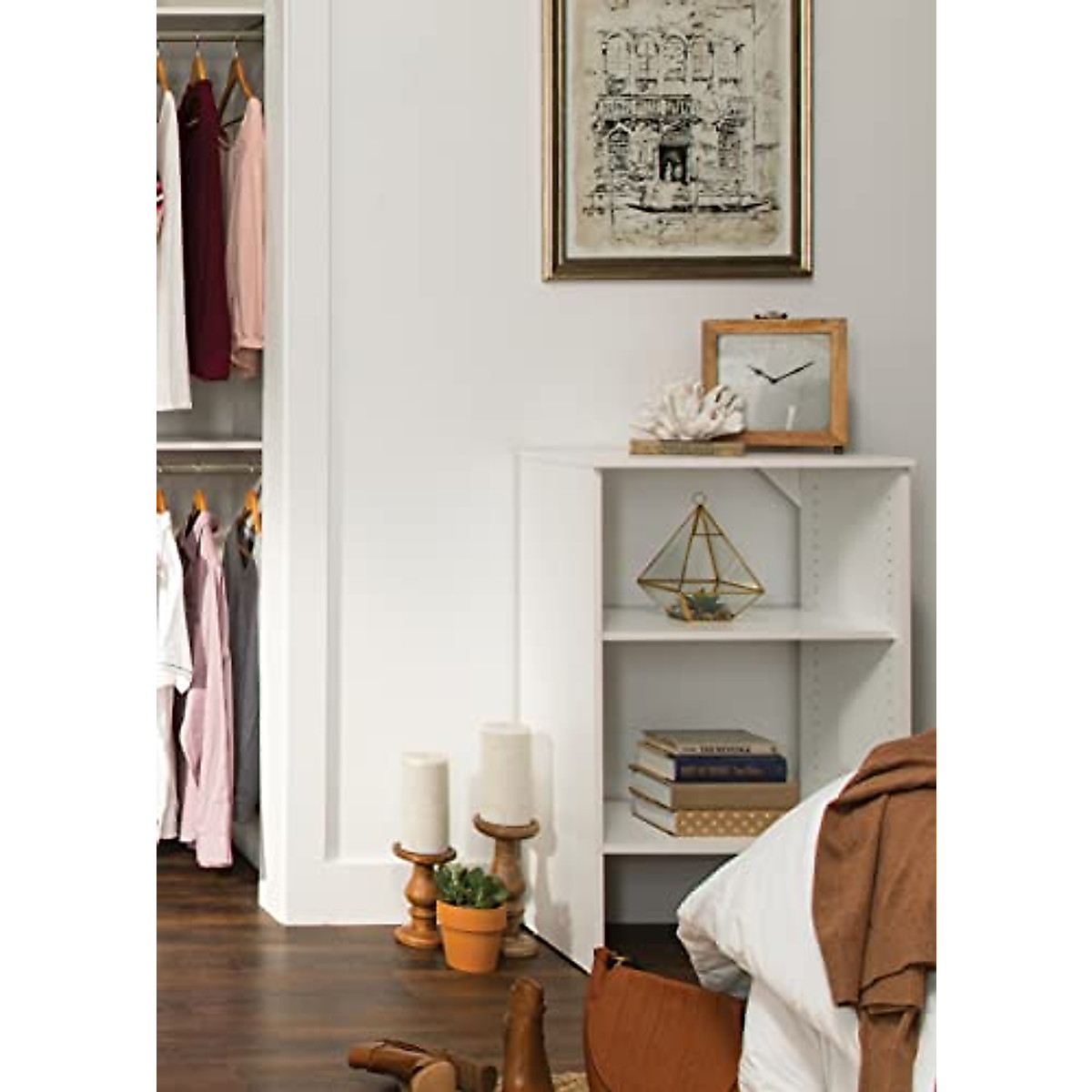 ClosetMaid SuiteSymphony Wood Shelf Unit, 2 Shelves, Adjustable For Storage, Closet, Clothes, Shoes, Décor, TV, Books, Pure White, 25" Tower Base