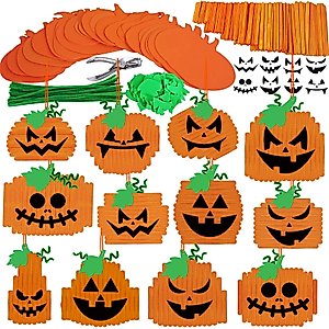 Winlyn 24 Sets Pumpkin Crafts Kits Halloween Crafts Fall Kids Crafts DIY Pumpkin Ornaments Decorations Art Sets Craft Sticks Pumpkin Foam Stickers Arts and Crafts for Kids School Classroom Activity