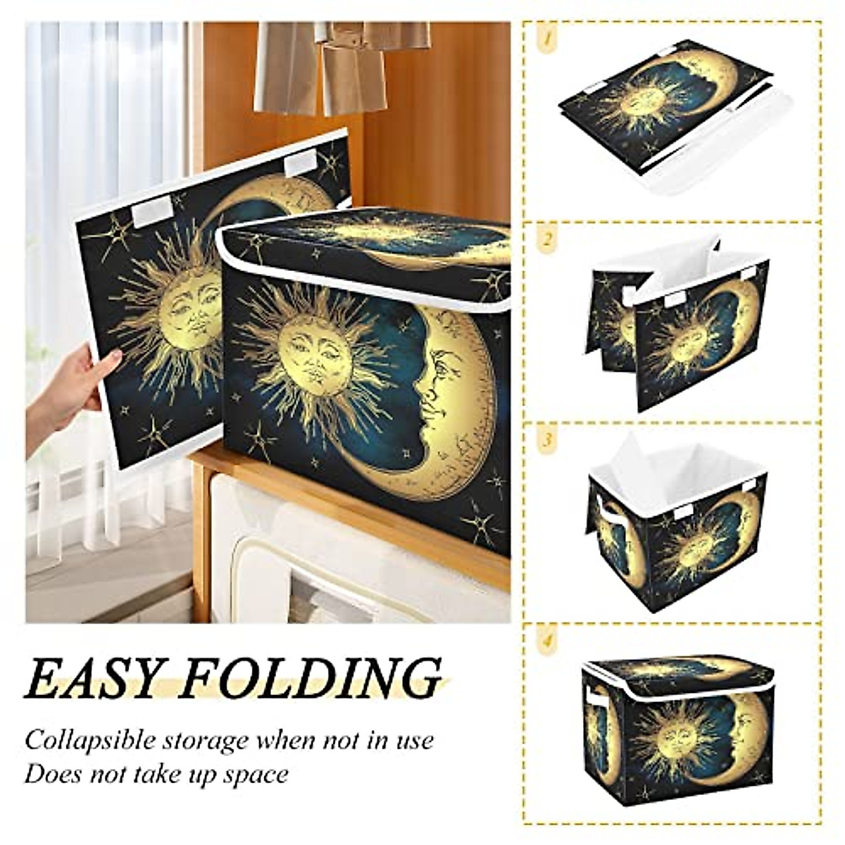 Krafig Boho Chic Golden Sun Moon Foldable Storage Box Large Cube Organizer Bins Containers Baskets with Lids Handles for Closet Organization, Shelves, Clothes, Toys