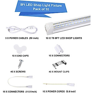 Henwsi 8FT LED Shop Light Fixture, White 10 Pack T8 Integrated Tube Lights, 72W 9500LM 6500K High Output Clear Cover, V Shape 270 Degree Lighting for Garage Warehouse, Upgraded Lights Plug and Play