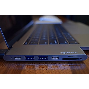 Tovatec Aluminum USB C Adapter Hub for 2016/2017 MacBook Pro 13 and 15 40Gbs Thunderbolt 3, 4k HDMI, Pass-Through Charging, Space Gray, 4.5"