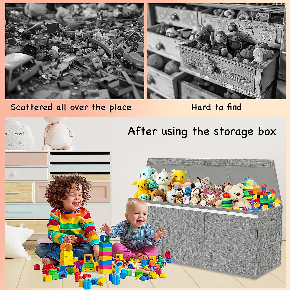 Extra Large Toy Box, Toy Storage Organizer with Lid, Oxford Fabric Collapsible Sturdy Toy Chest Bins Baskets for Livingroom,Playroom, Nursery, Bedroom, Closet (Light Grey)