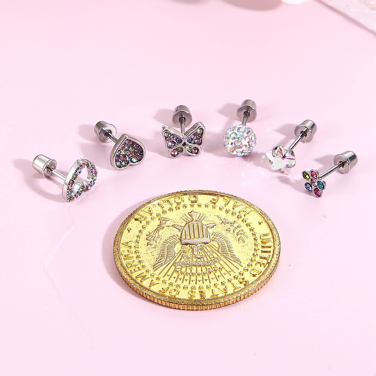 Finrezio 10 Pairs Hypoallergenic Screw Back Earrings for Women Girls Stainless Steel Colorful Heart Flower Butterfly Rainbow Stud Earrings Shiny CZ Screwback Stud Earring Set Age:over 3 years old