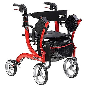 Drive Medical Nitro Dual Function Transport Wheelchair and Rollator Rolling Walker Combo with Hand Activated Brakes and Back Support, Red