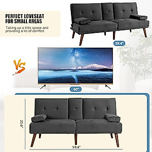 Shintenchi 60" Small Loveseat, 3 in 1 Cute Convertible Sofa Bed, Modern Futon Recliner Sleeper w/2 Cup Holder, Upholstered Folding Couch for Small Space, Dark Gray