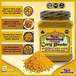 Rani Curry Powder Mild (10-Spice Authentic Indian Blend) 1lb (454g) PET Jar ~ All Natural | Salt-Free | NO Chili or Peppers | Vegan | No Colors | Gluten Friendly | NON-GMO | Kosher | Indian Origin