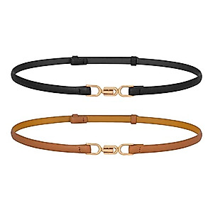 2 Pack Women Skinny Leather Belt Adjustable Thin Waist Belts with Alloy Buckle for Dresses Black/Brown