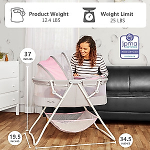 Karley Baby Bassinet in Grey and Pink, Lightweight Portable, Quick Fold and Easy to Carry , Adjustable Double Canopy, Indoor and Outdoor with Large Storage Basket.