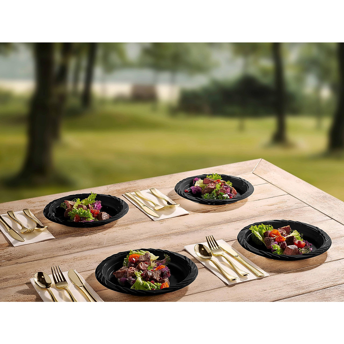 Munfix 200 Black Plastic Plates Set - 9 Inch Plastic Dinner Plates, Disposable Plates Bulk Pack, Party Plates for BBQ, Picnic, Parties, Travel and Events, Microwavable Recyclable
