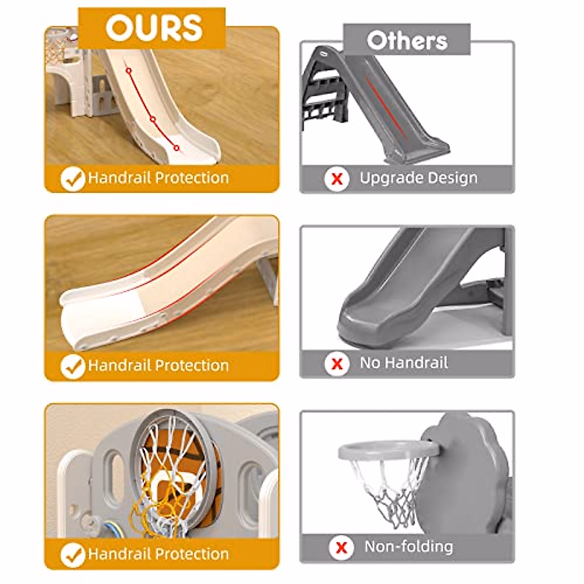 XJD 8 in 1 Toddler Slide, Kids Slide for Toddlers Age 1-3, Toddler Play Climber Slide Playset with Basketball Hoop and Ball,Toddlers Outdoor Indoor Playground (Beige Coffee)