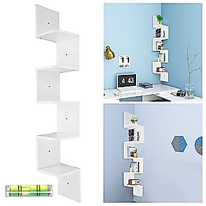 Yescom 5 Tiers Zig Zag Floating Wall Mount Corner Shelf Wooden Display Shelves Storage Organizer with Gradienter White