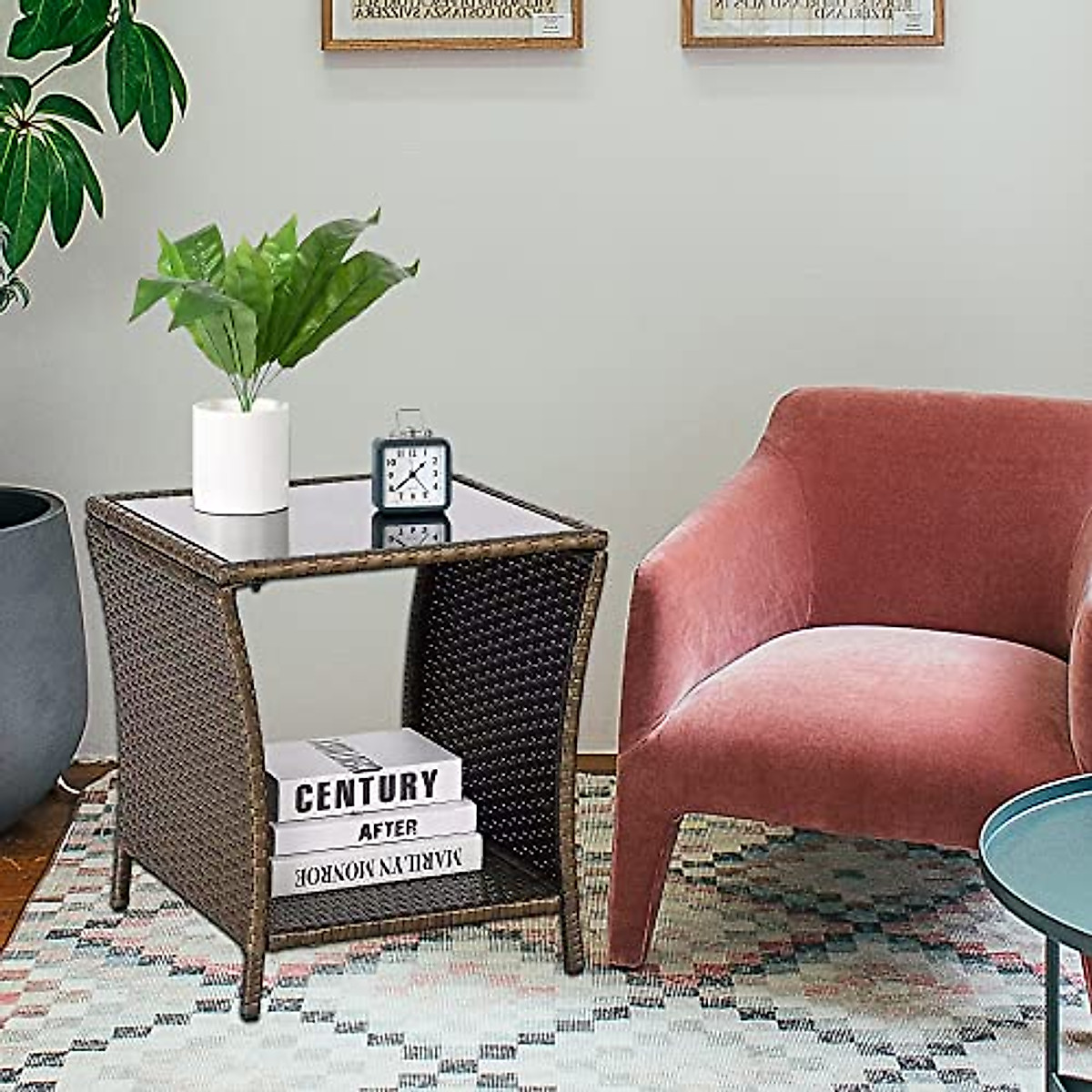 Wicker Side Table Porch Square Side Coffee Table with Glass Top and Storage Small End Tables Outdoor Porch Sofa Tables or Patio Lawn Balcony Pool Decoration Gold