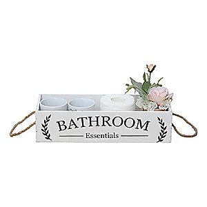 Farmhouse Toilet Paper Basket, Rustic Wooden Bathroom Decor Box, Bathroom Organizer Over Toilet, Funny Toilet Paper Storage with Rope Handle, Distressed White