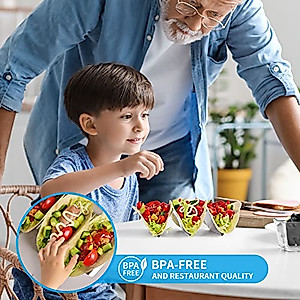 GEIKR Stainless Steel Taco Holders Set of 4, 𝟮𝟬𝟮𝟯 𝙉𝙚𝙬 Oven & Dishwasher & Grill Safe Taco Trays, Each Metal Taco Stands for 3 Tacos, Taco Rack with Handles, Stylish Taco Shell Holders
