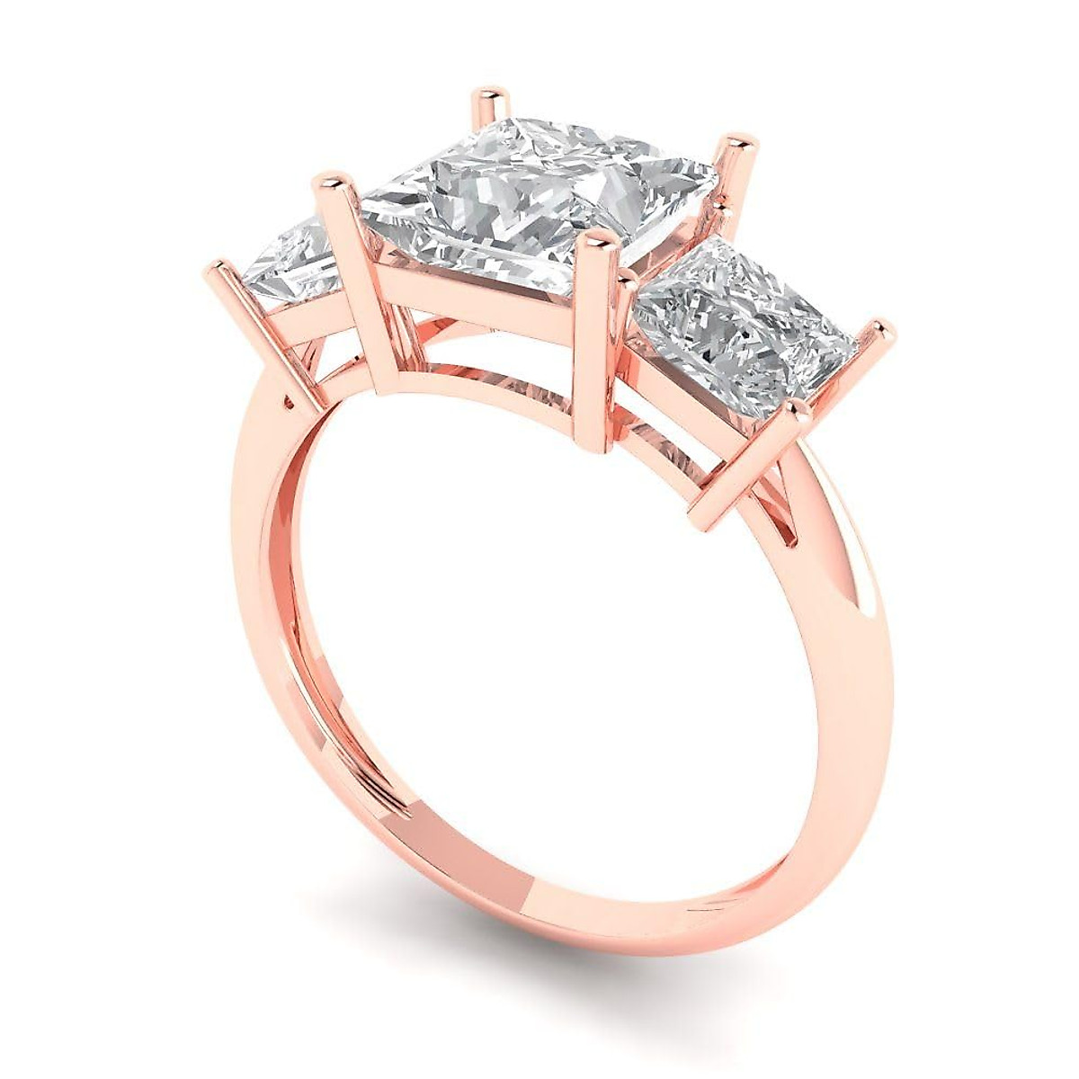 2.62 Ct Princess Cut Clear Simulated Diamond 14K Rose Gold Solitaire with Accents 3 Stone Engagement Promise Ring Sz 5.75