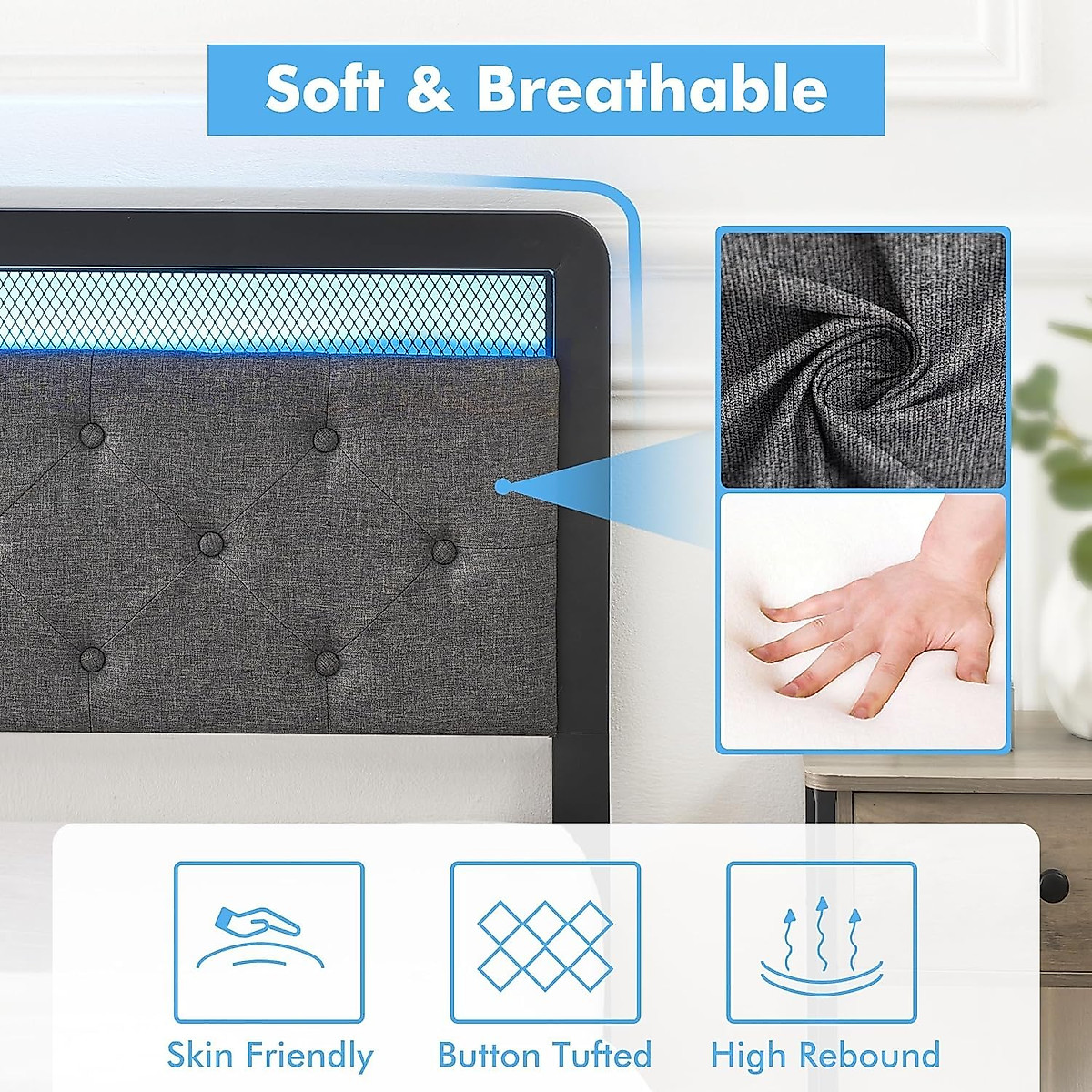 GAOMON Upholstered Bed Frame Queen with 2 Storage Drawers, Button Tufted Headboard and LED Lights, Queen Bed Frame with Mattress Foundation Strong Wooden Slats Support, No Box Spring Needed