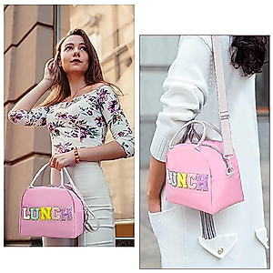 Lunch Box for Women, Large Insulated Lunch Box for Girls, Personalized Preppy Lunch Box for Adults with Adjustable Shoulder Straps,lunch Bag Women with Chenille Letters for Kids（Pink-lunch)
