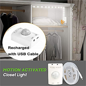 Amagle LED Motion Sensor Strip Closet Light USB Rechargeable Dual Mode PIR Activated Under Bed Counter Cabinet Lighting Staircase Stair Night Lights for Indoor Bedroom Kitchen Hallway White 3.2FT