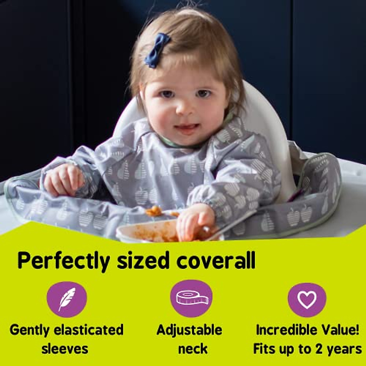 Tidy Tot- Spare Baby Bib for Bib & Tray Kit - Mess Proof Long Sleeve Smock Attaches to Feeding Mat - Waterproof Bib – Machine Washable. Fits Babies and Toddlers 6-24 months - Apple